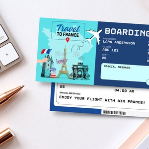 Editable France Trip Surprise Gift Ticket Canva Template Minimal ...