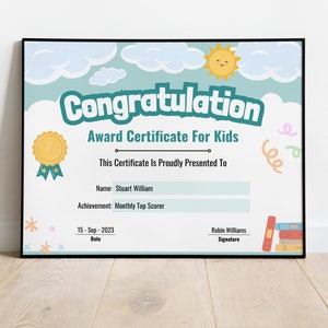 Printable Award Certificate for Kids, Instant Download Certificate ...