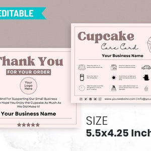 Editable Cupcake Care Card Template, Printable Cupcake Care ...