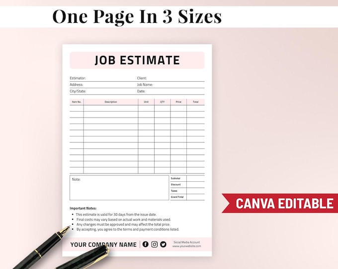 Printable Landscape Estimate Template | Quote Template | Job Estimate Form | Digital Download ...