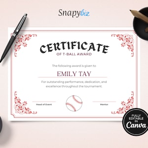 Editable T-ball Award Certificates, Canva Templates, Baseball, Mom ...