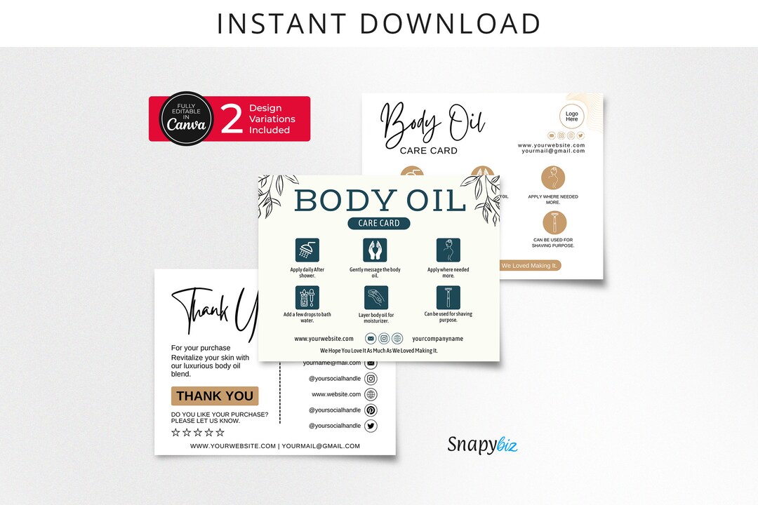Editable Body Oil Care Card Canva Template Body Oil Care Instructions ...