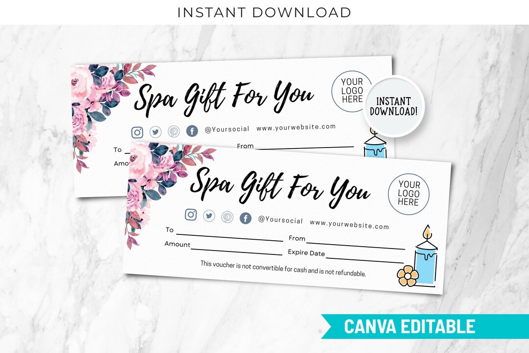 Spa Day Gift Voucher Certificate Template, DIY Gift Certificate ...