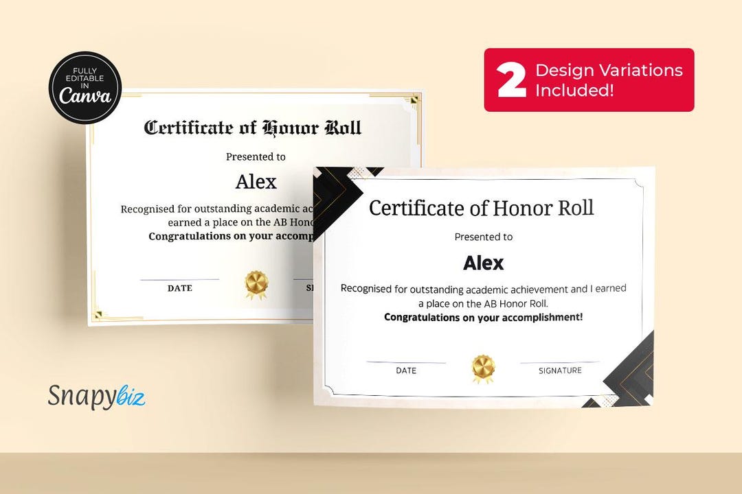 Printable Honor Roll Certificate Template, Editable Graduation Diploma ...