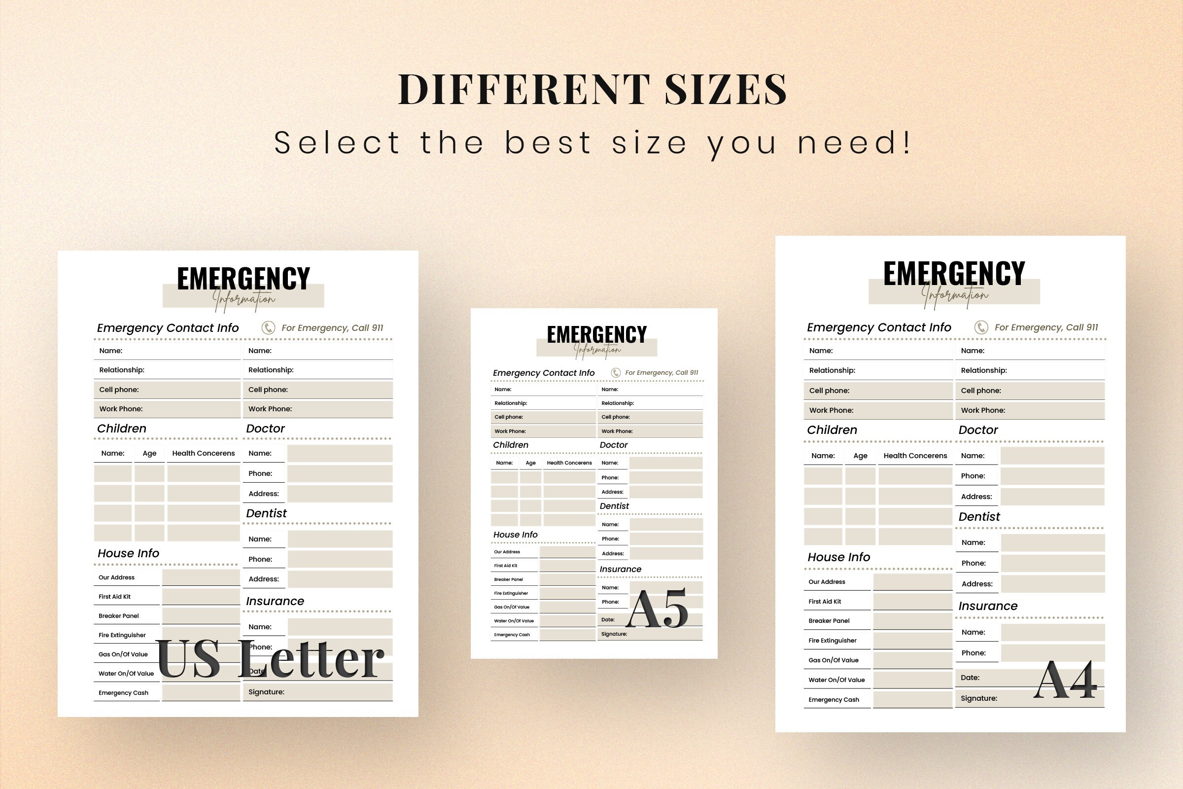 Emergency Information Printable Emergency Contact Info Sheet - Etsy