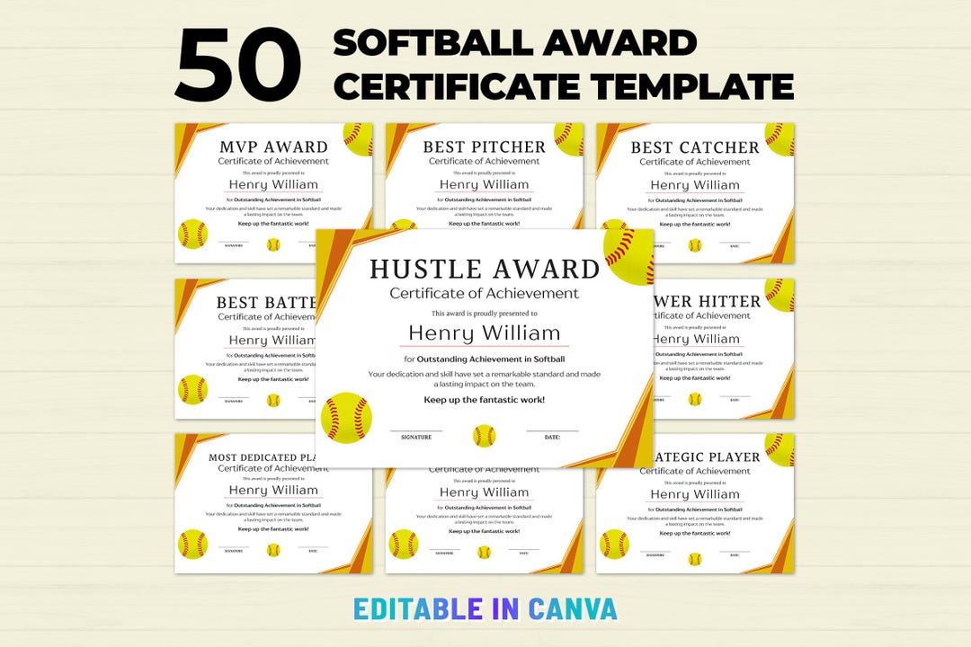 Editable Softball Award Certificates, Canva Editable Team Awards ...