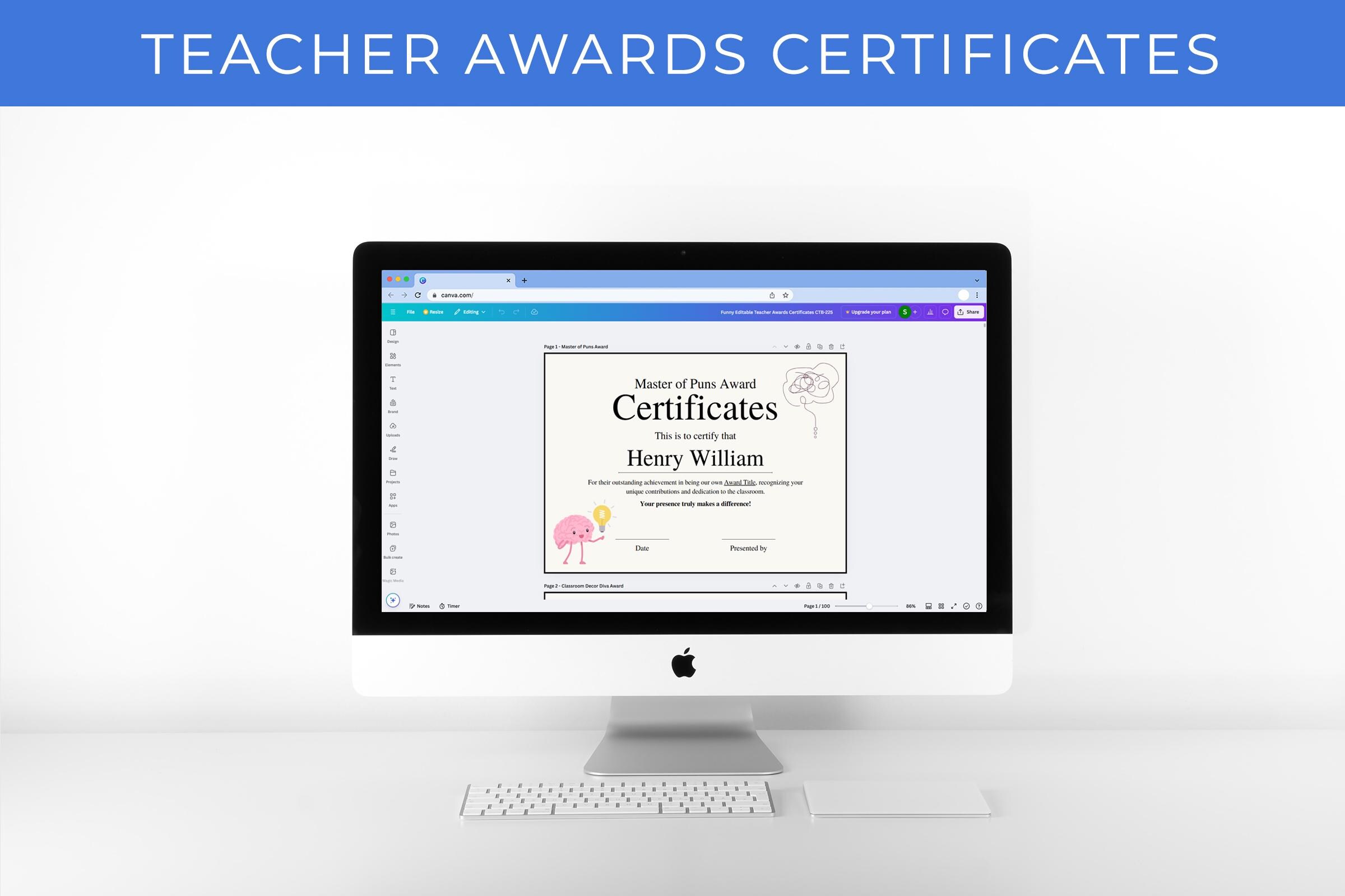 100 Funny Teacher Awards Certificates, Teacher Superlatives, Editable ...