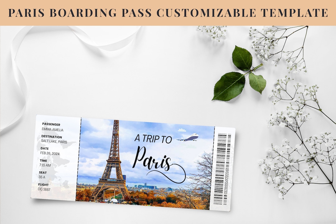 Paris Boarding Pass Ticket Template, Editable Paris Airline Ticket ...