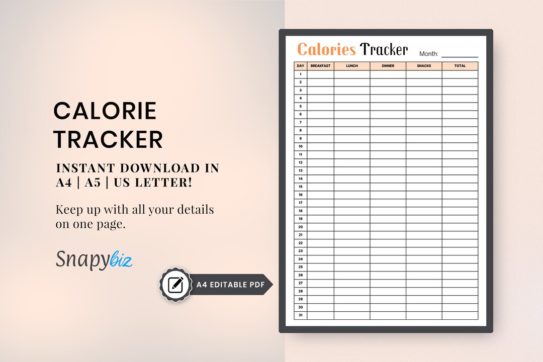 Printable Calories Tracker Checklist PDF Digital Calorie Tracking Sheet ...