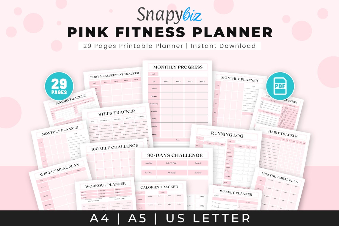 Pink Fitness Printable Planner Bundle Pink Planner - Etsy
