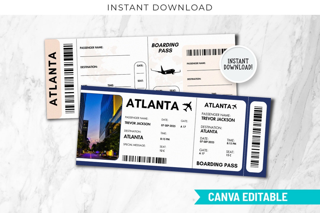 Atlanta Trip Surprise Gift Ticket Canva Template Editable Atlanta ...