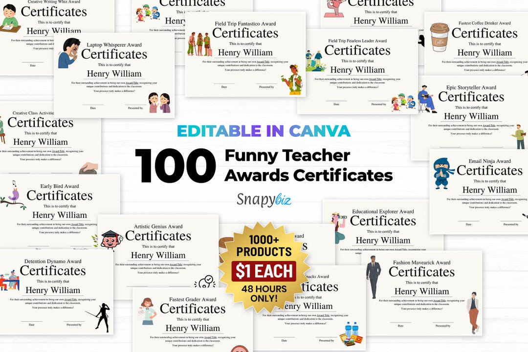 Funny Teacher Award Certificates | Editable Canva End of Year School ...