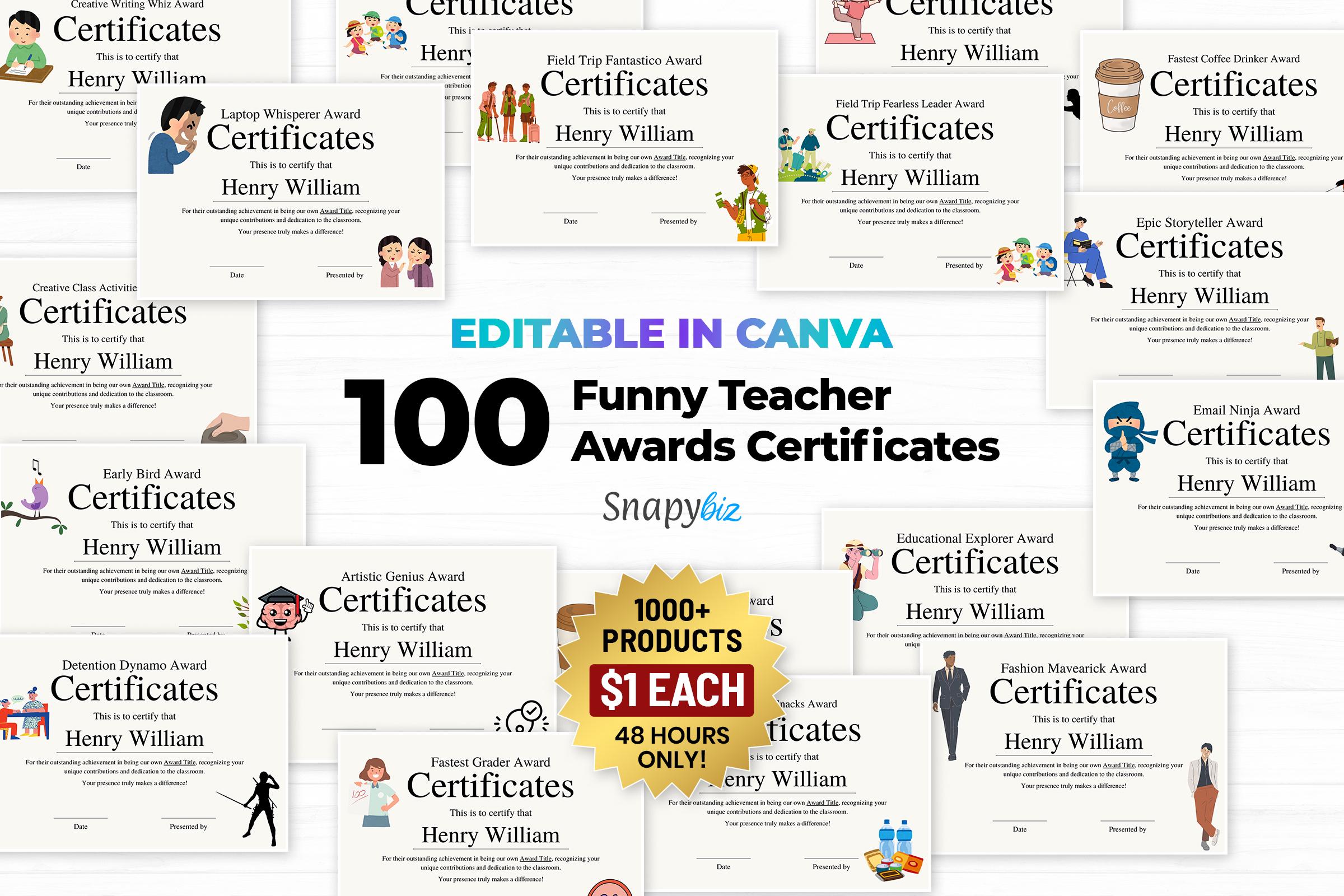 100 Funny Teacher Awards Certificates, Teacher Superlatives, Editable ...