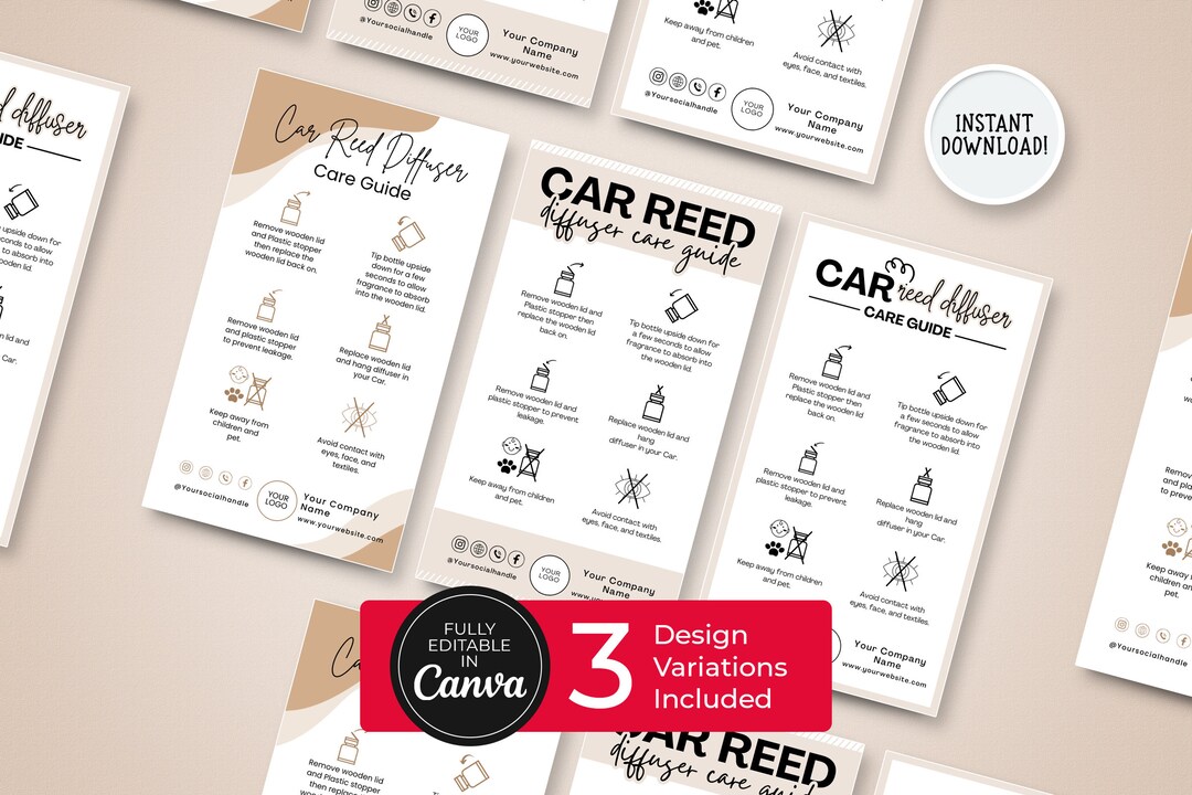 Car Reed Diffuser Care Card Guide Template: Printable Canva Editable ...
