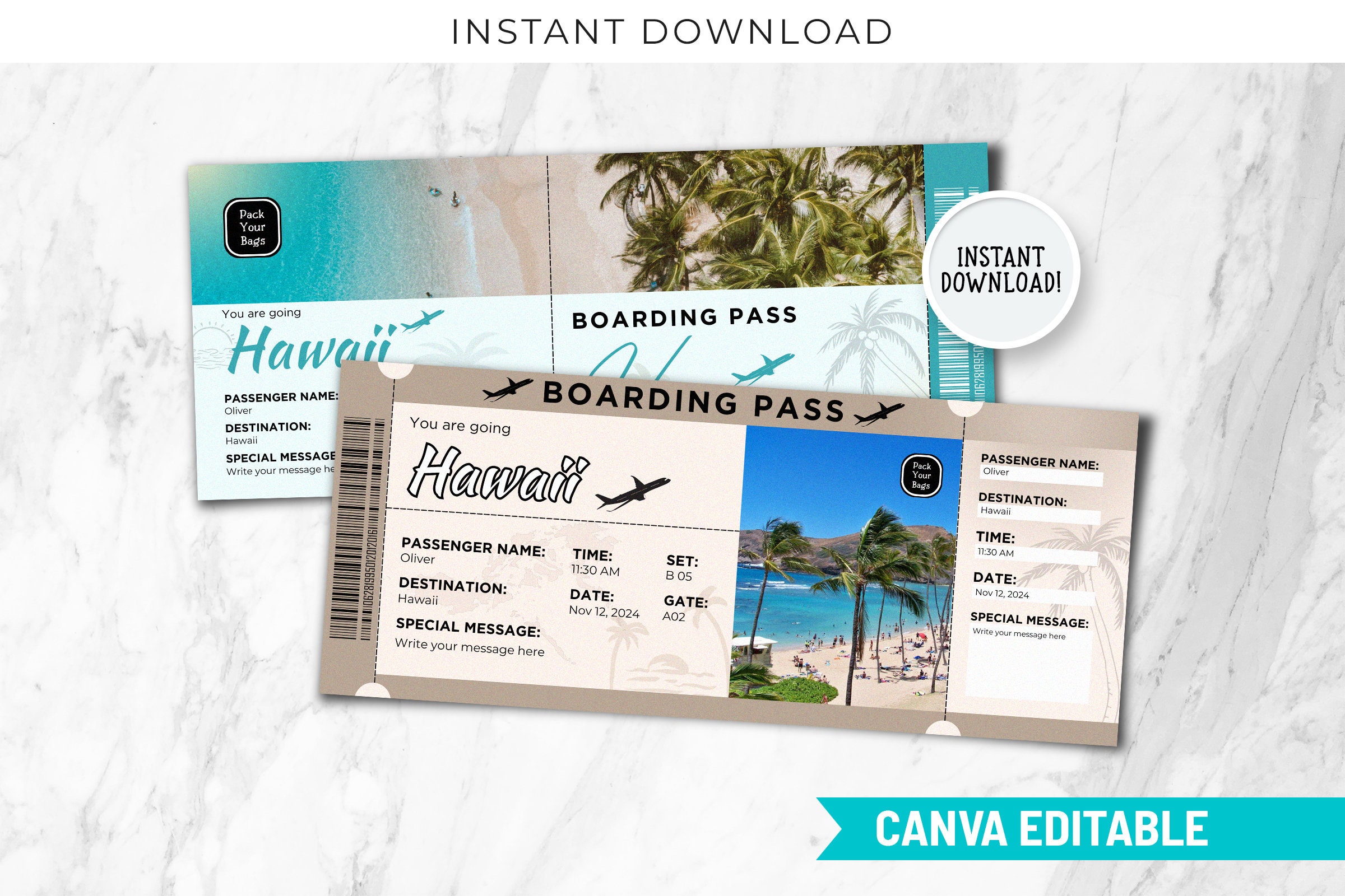 Hawaii Surprise Trip Ticket Boarding Pass Canva Template Printable ...