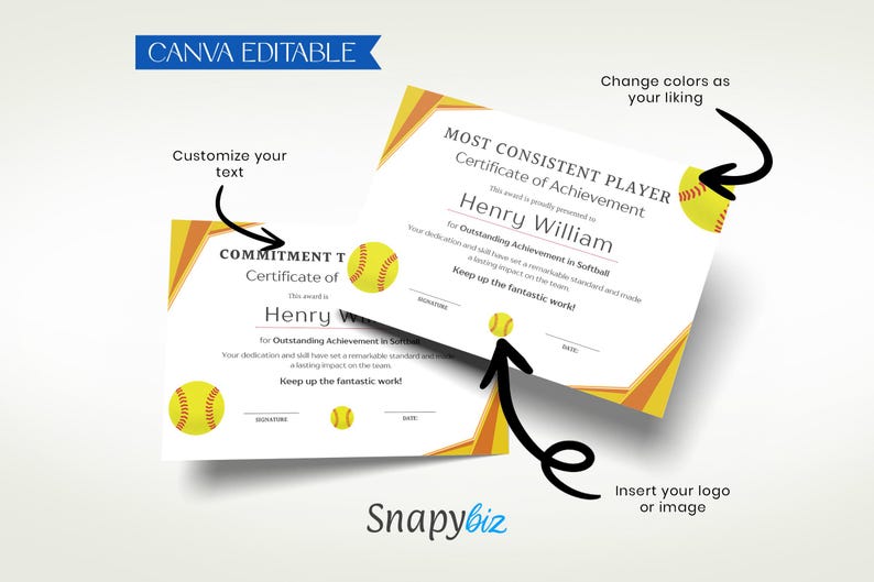 Editable Softball Award Certificates, Canva Editable Team Awards ...