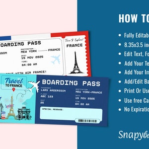 Editable France Trip Surprise Gift Ticket Canva Template Minimal ...