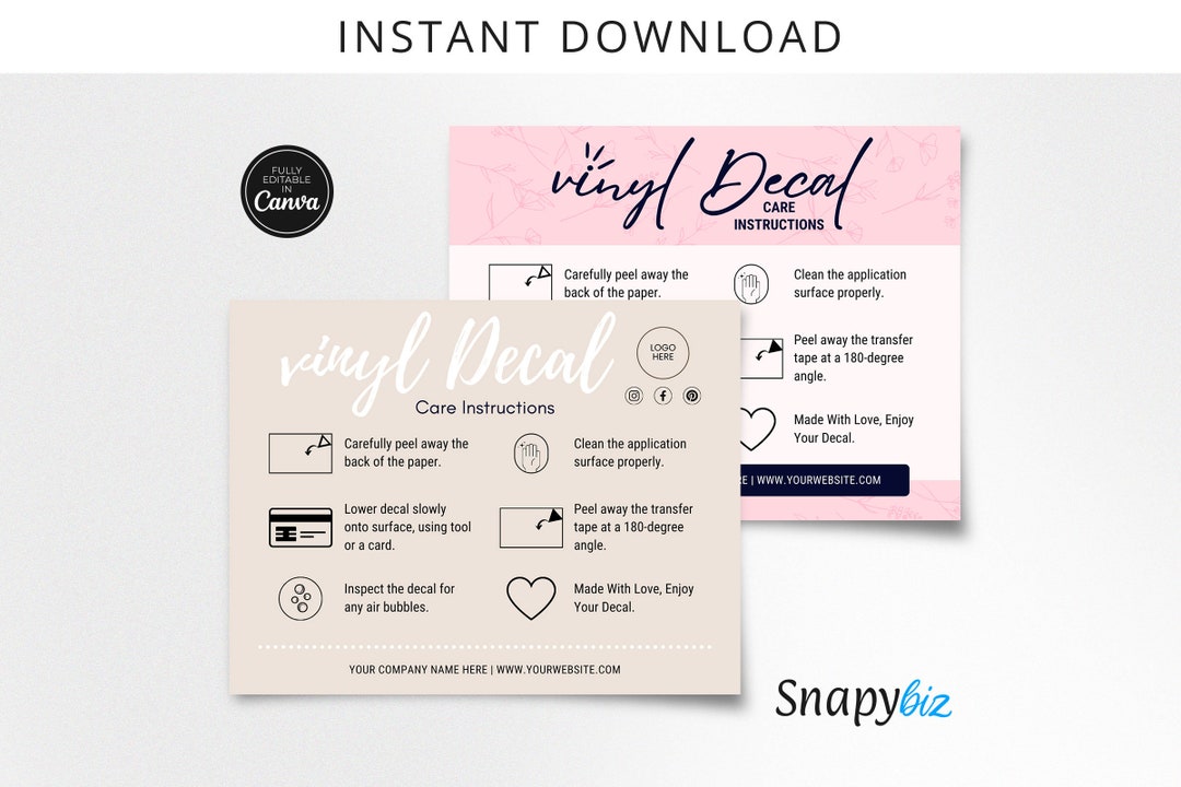 Printable Vinyl Decal Care Card Instruction Application Template, Printable Vinyl Decal Care ...
