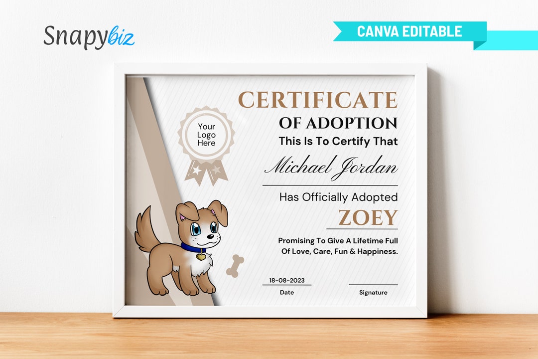 Editable Certificate of Adoption Template, Printable Pet Adoption Party ...