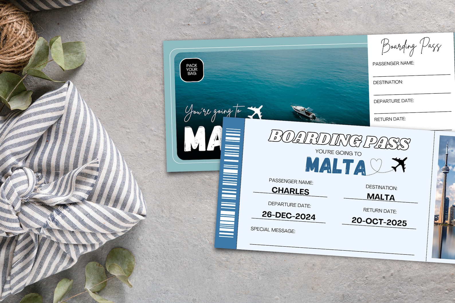 Malta Surprise Trip Ticket Gift, Canva Template, Airline Holiday Reveal ...