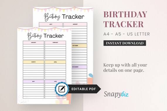 Editable Birthday Tracker Printable Birthday List Birthday - Etsy