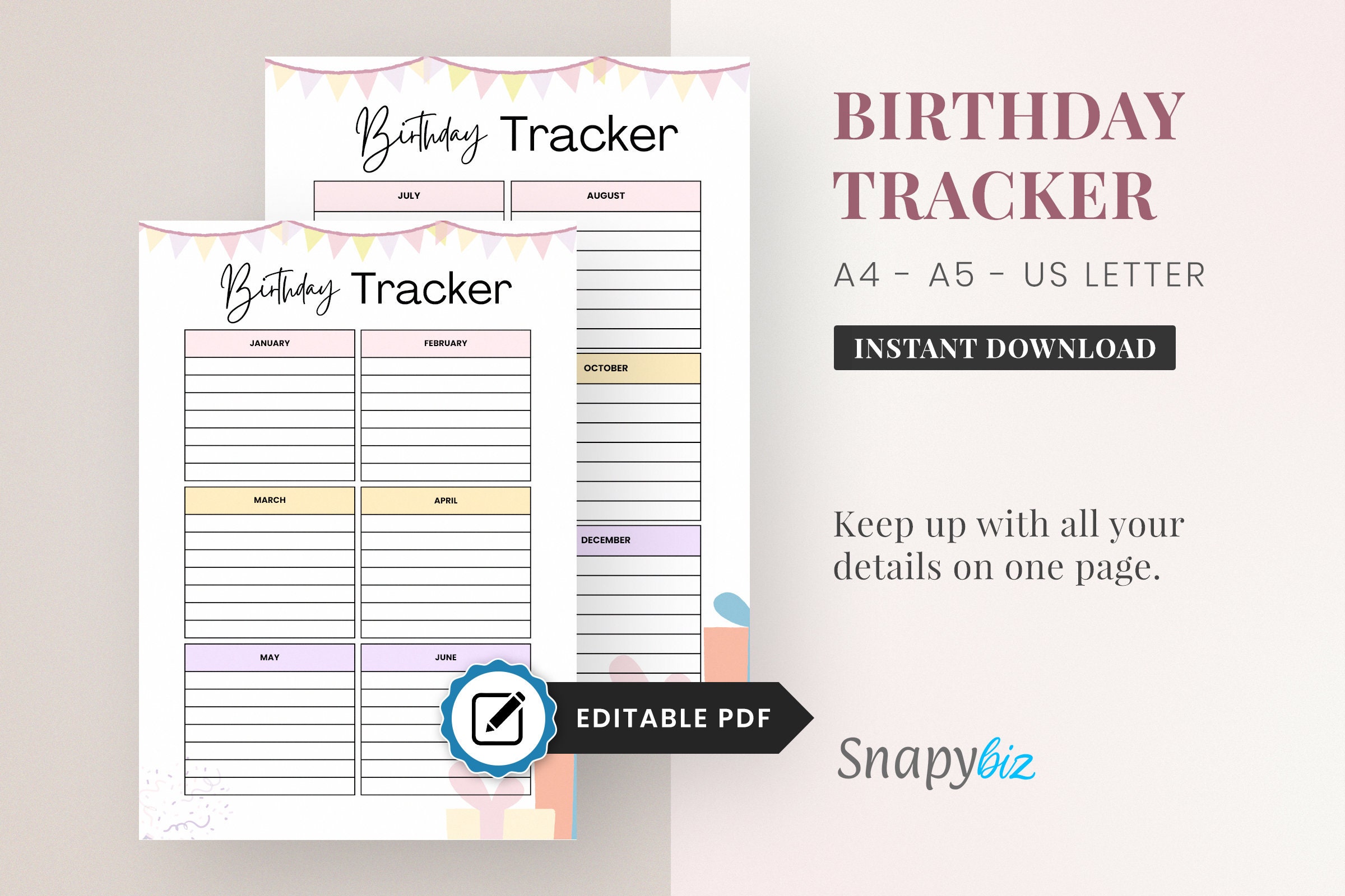 Editable Birthday Tracker Printable Birthday List Birthday Reminder ...