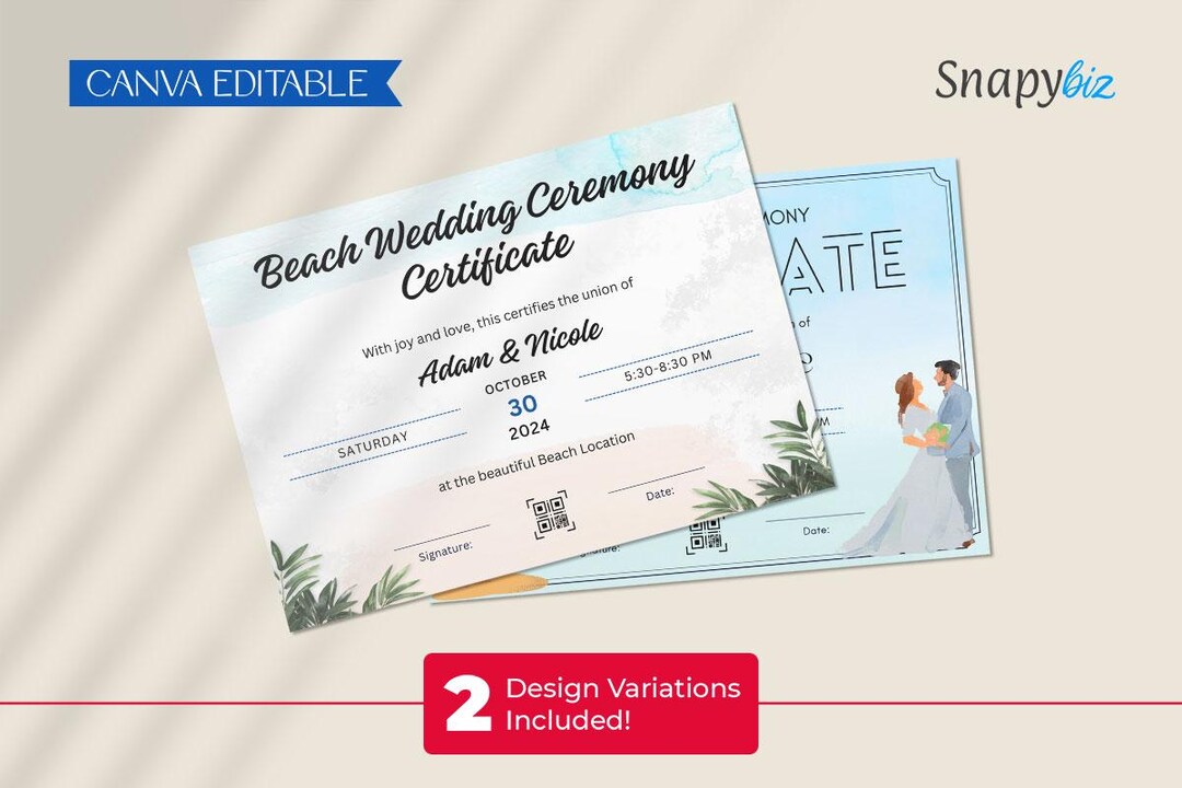 Beach Wedding Ceremony Certificate Template, Printable Beach Ceremony ...