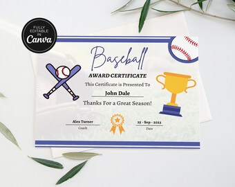 Editable Baseball Award Certificate - Etsy