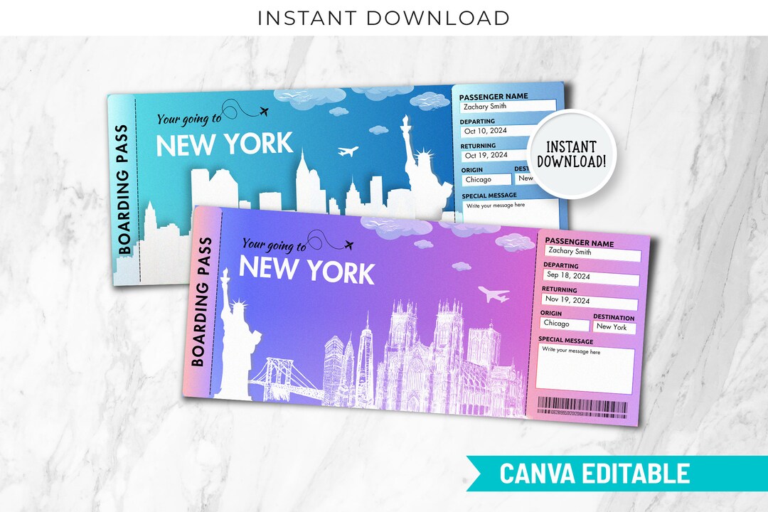 Editable New York Boarding Pass Canva Template Custom Ticket New York ...