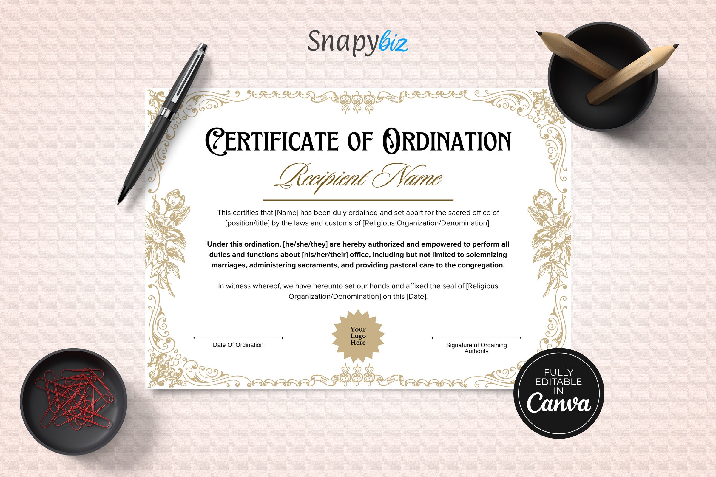 Editable Ordination Certificate Template: Clergy Ceremony (digital ...