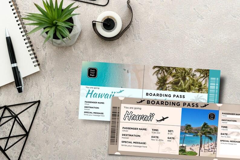 Hawaii Surprise Trip Ticket Boarding Pass Canva Template Printable ...