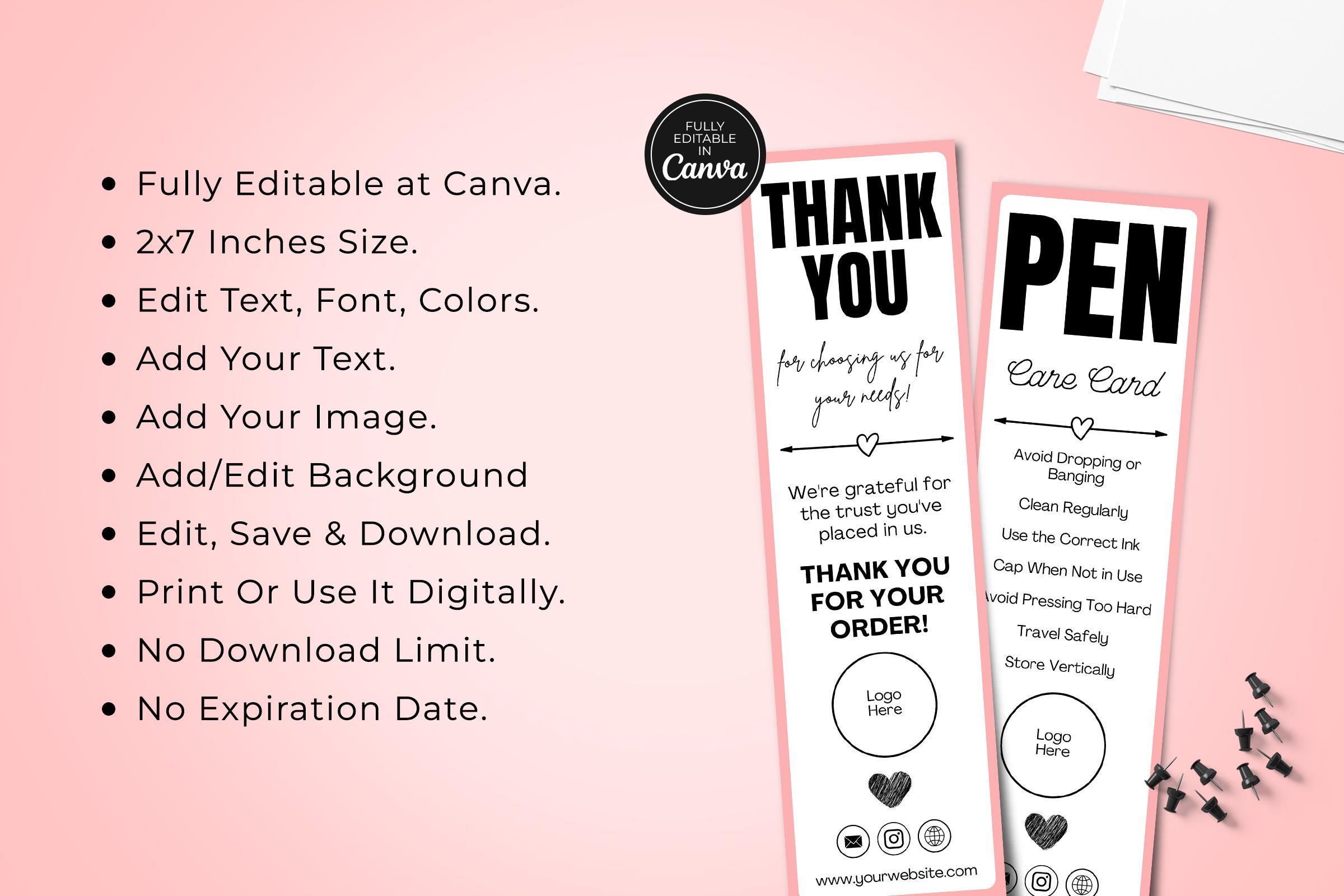 Editable Pen Care Card Template, Epoxy & Gel Pen Instructions Canva - Etsy