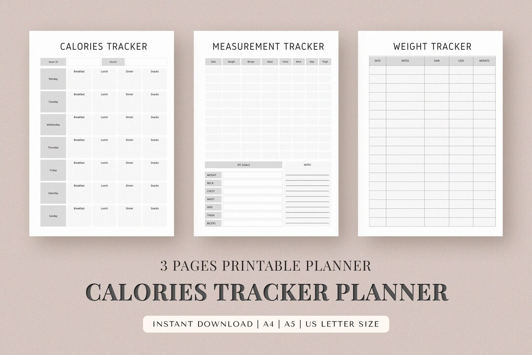 Calories Tracker Printable Planner Calorie Tracker Measurement Tracker ...