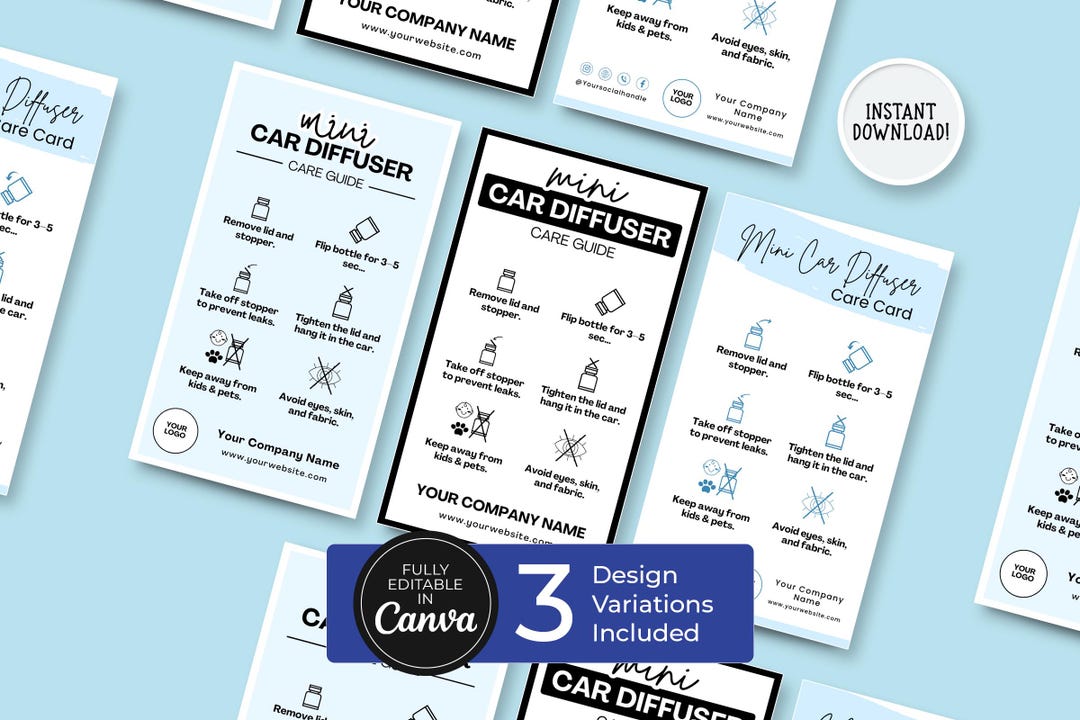 Editable Mini Car Diffuser Care Card Template | Canva Air Freshener ...
