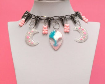 Cyber Green Choker, Spikes Choker, Alien Pendant, Rivets, Neon Green ...