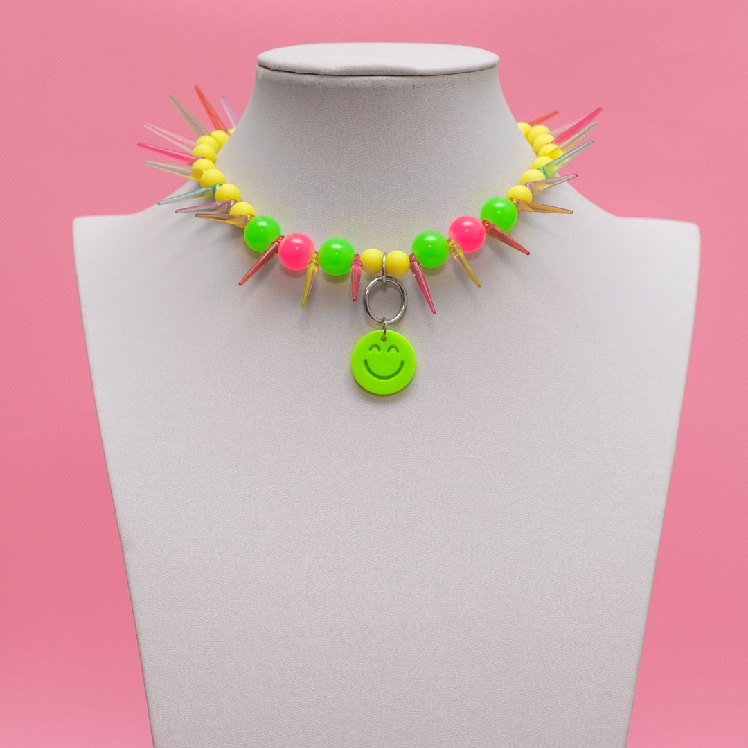 Cyber Choker, Neon Choker, Colourful Spikes Choker, Happy Face Pendant ...