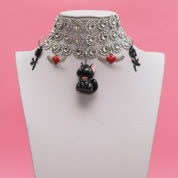 Black Cat Choker Kawaii Gothic Wide Rhinestone Choker - Etsy