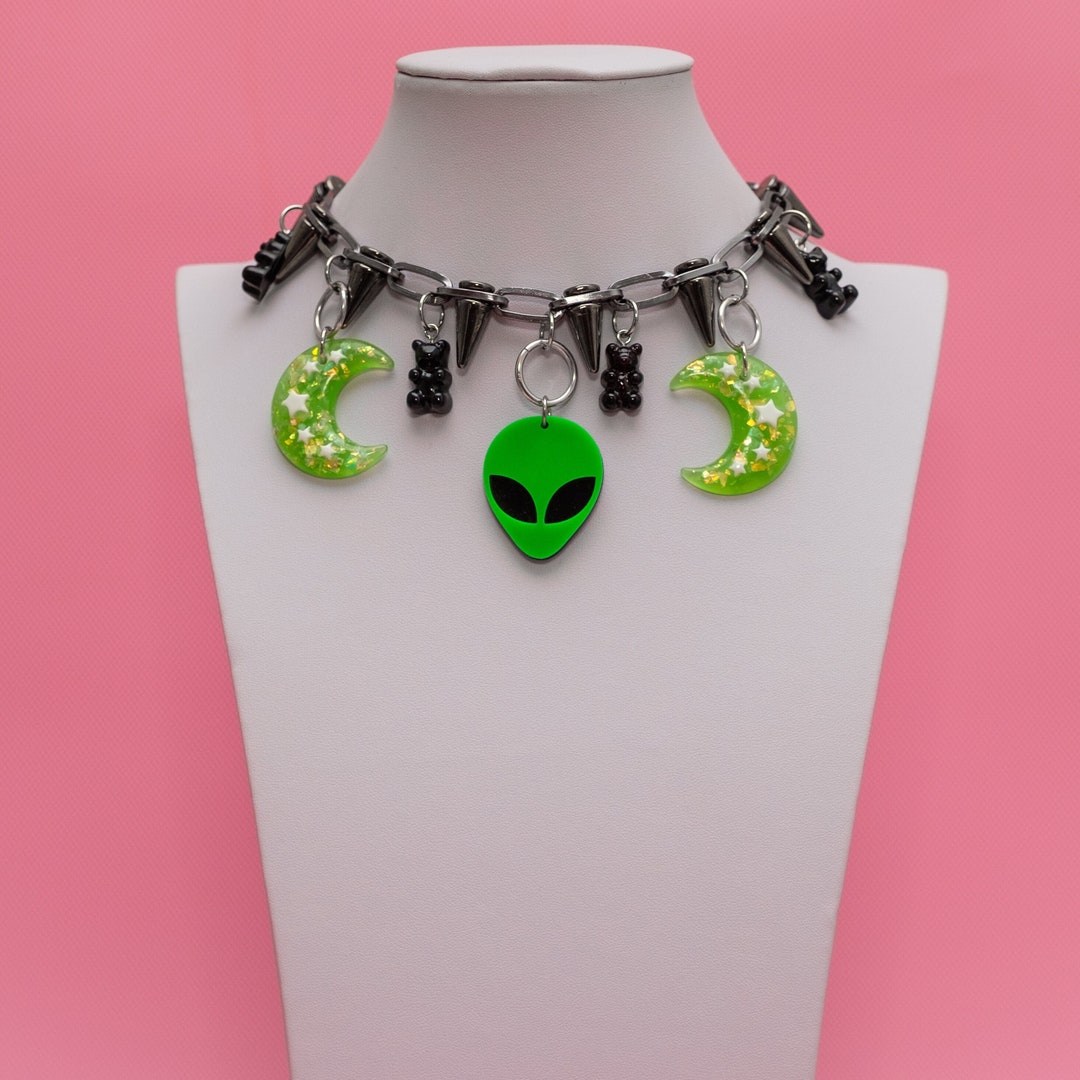 Cyber Green Choker, Spikes Choker, Alien Pendant, Rivets, Neon Green ...