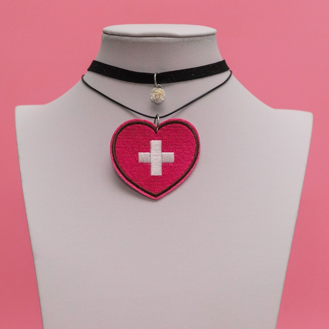 Kawaii Nurse Choker, Pink Heart Patch, Black Velvet Gothic Choker, White Cross, Yamii Kawaii ...
