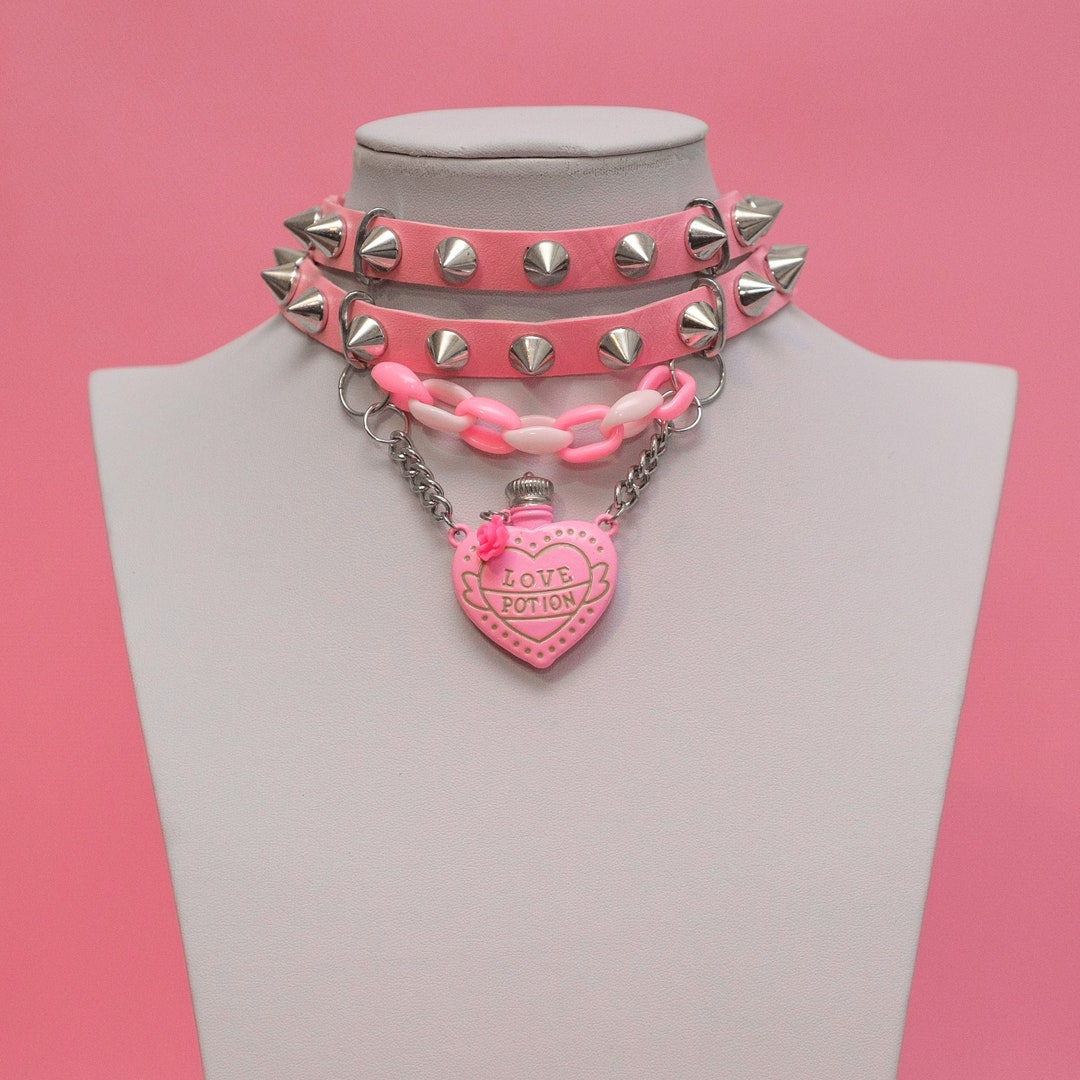 Punk Choker, Pink Spikes Choker, Spikes Collar, Love Potion, Pink ...