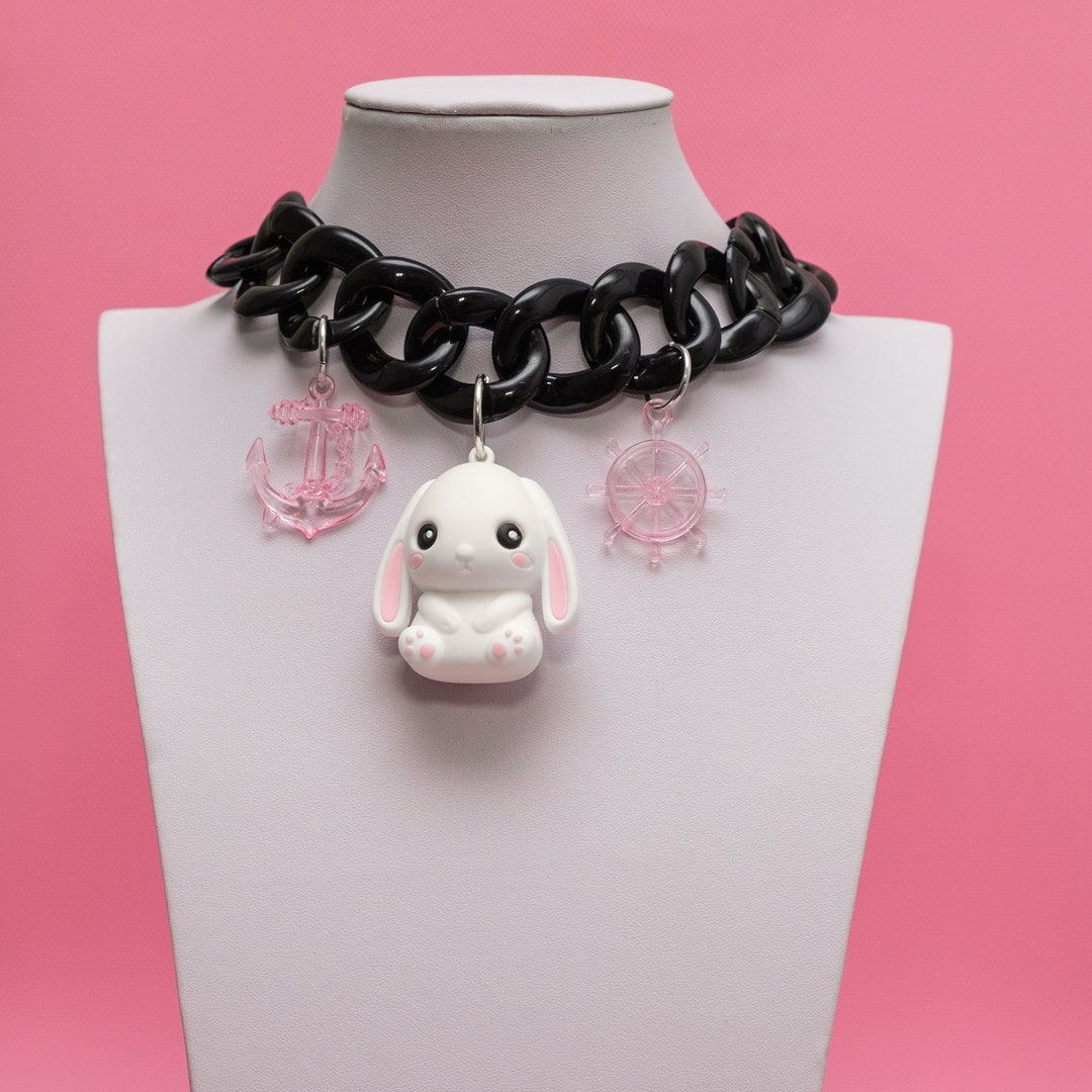 Bunny Choker, Kawaii Goth Choker, Harajuku Fashion, Chunky Black Chain ...