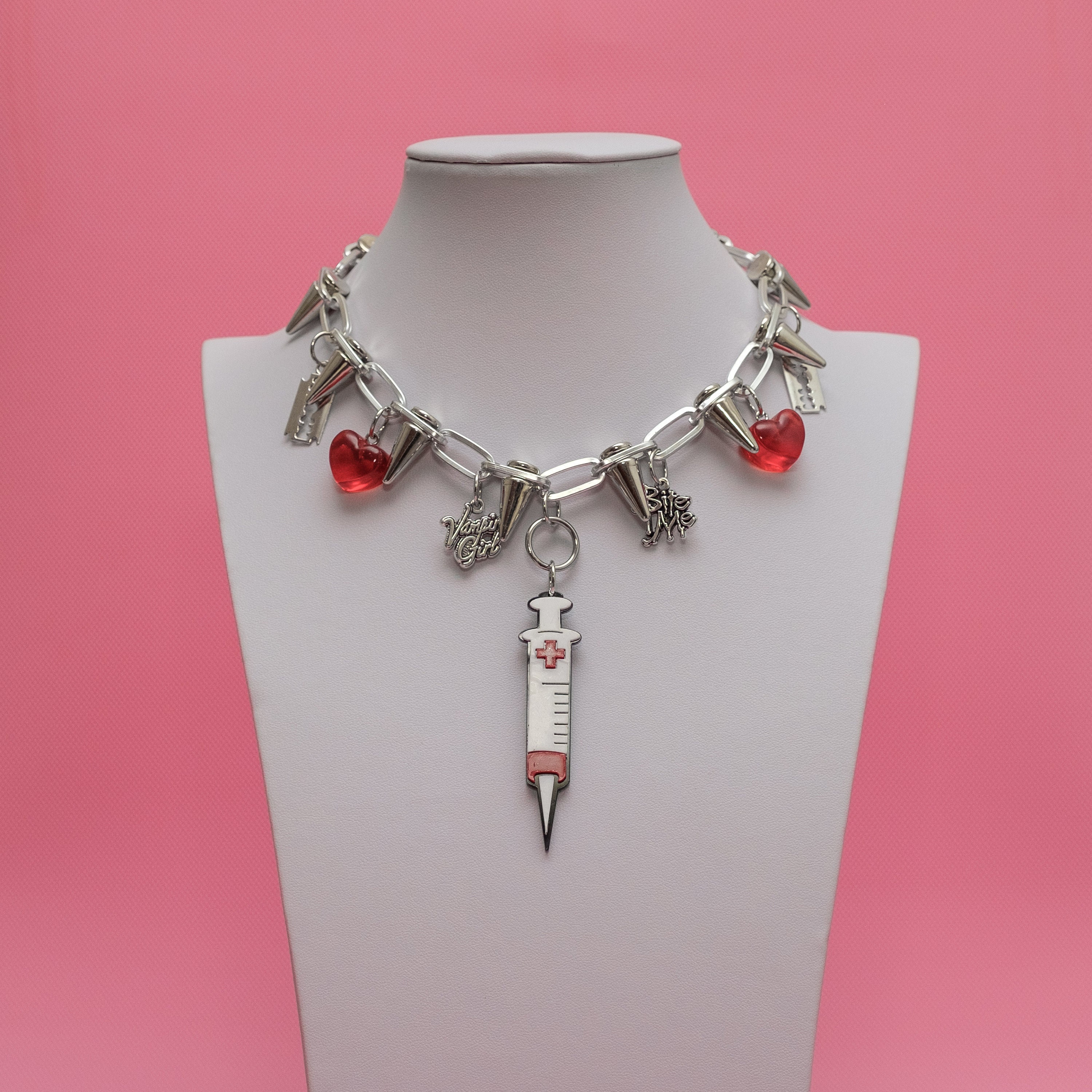 Menhera Necklace Spikes Rivets Syringe Pendant Gothic | Etsy
