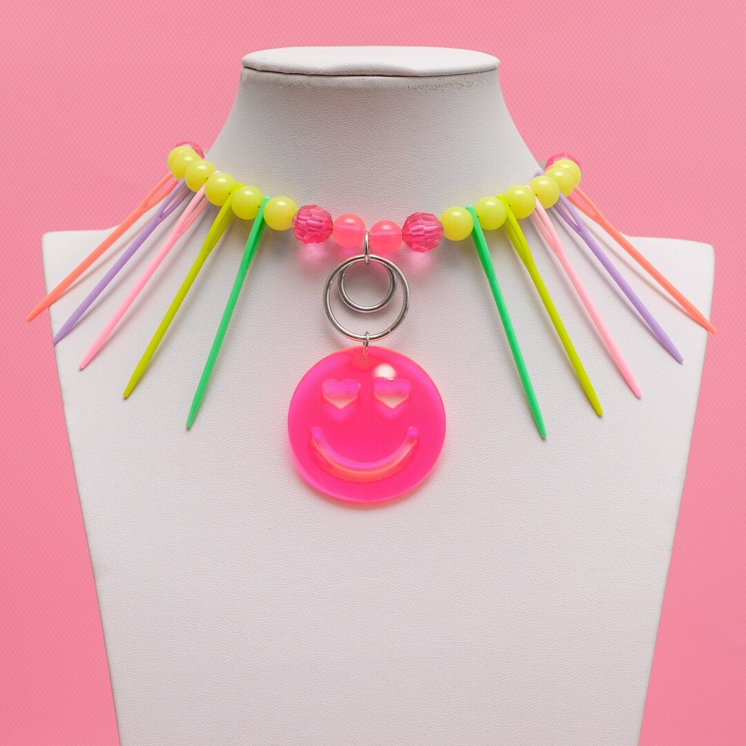 Cyber Choker, Neon Choker, Multicolor Spike Choker, Happy Face Pendant ...
