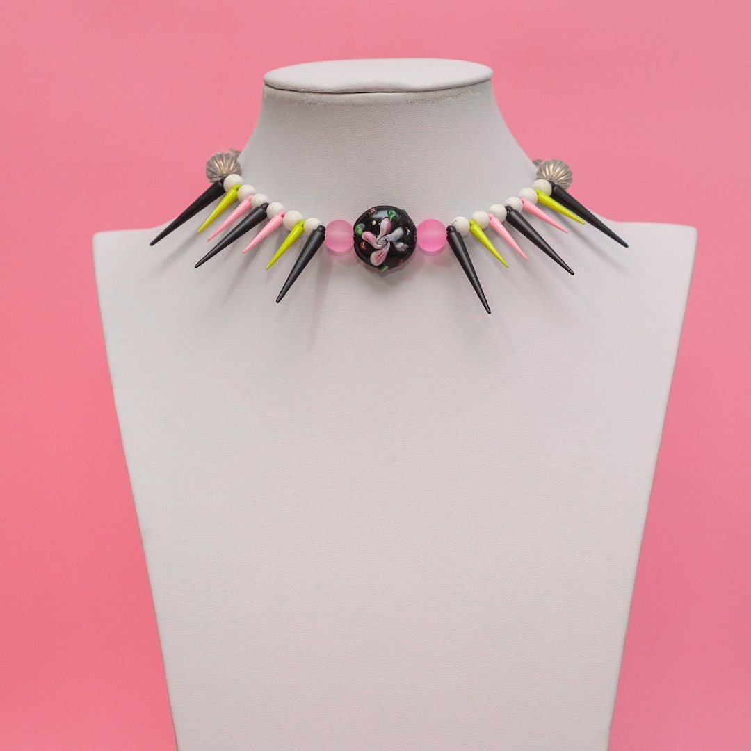 Spike Choker, Spikes, Black and Pink Necklace, Egirl Y2k Fashion ...