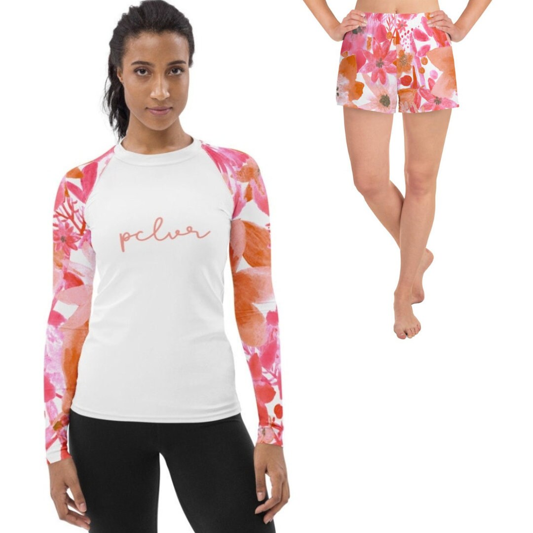 Women's Rash Guard and Shorts Floral Medley, Long Sleeve White Floral ...