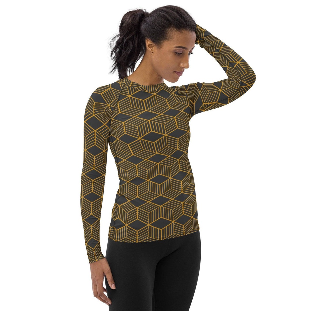 Black and Gold Rash Guard for Women Geometric Rash Guard Women's Long ...