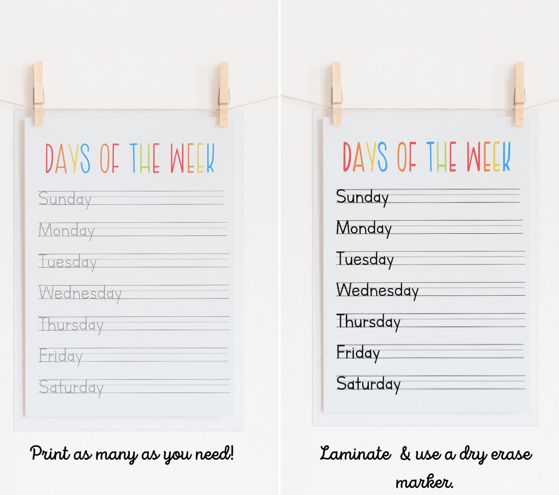Home School Tracing Sheets, Days of the Week Tracing Sheets, Preschool ...