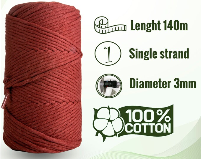 CINNAMON RED Macrame Cord 3mm 140m Weaving Yarn 0.5kg 100% Cotton Rope ...