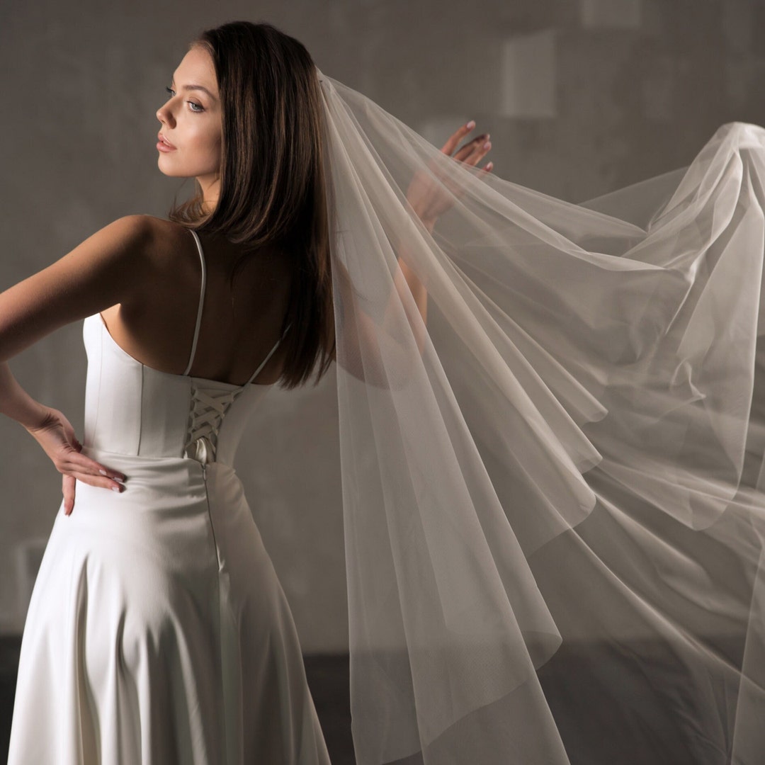 Cathedral Wedding Veil With Blusher: Simple Tulle, Two-tier Sheer ...