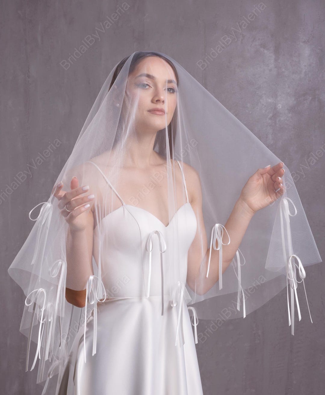 Veil With Bows, Bow 2 Tiers Wedding Veil Simple Tulle, Two Layers Sheer ...